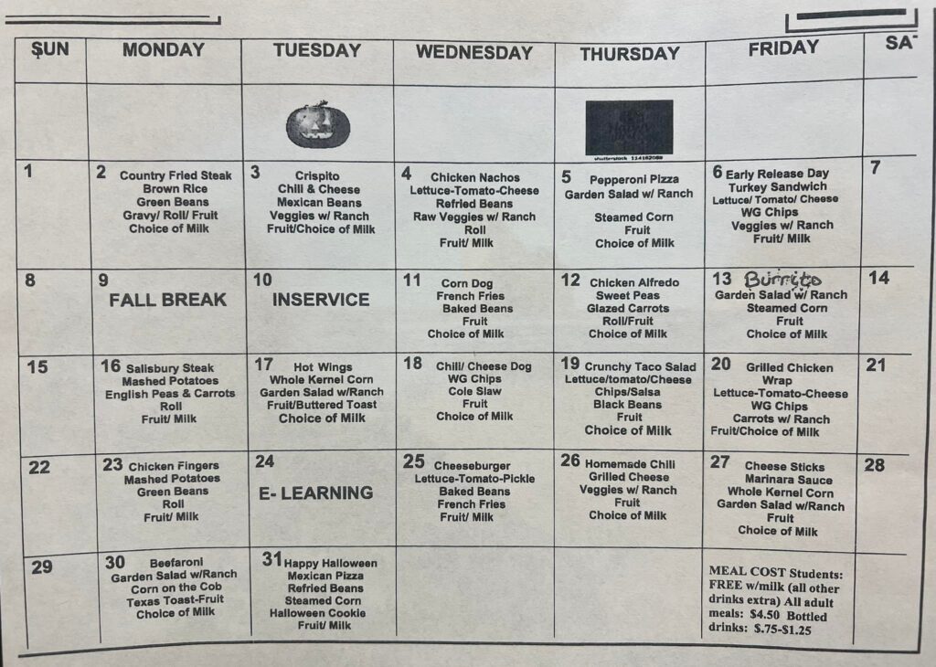 October Lunch Menu – Emma Samson Middle School