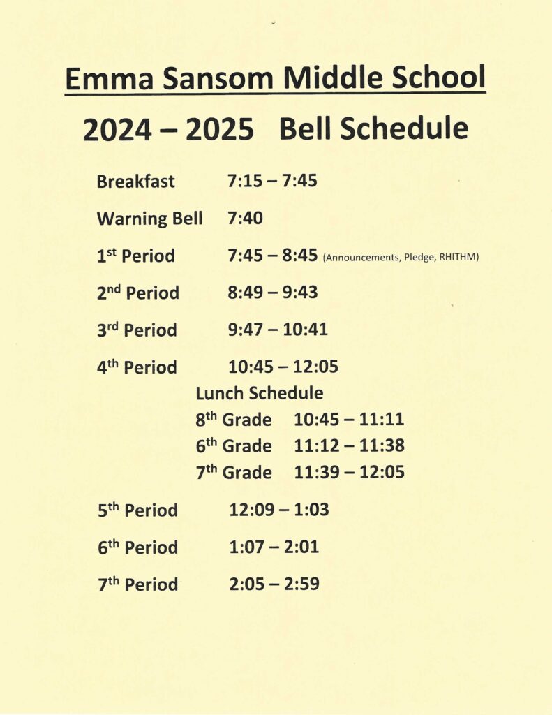 2024-25 Bell Schedule – Emma Samson Middle School